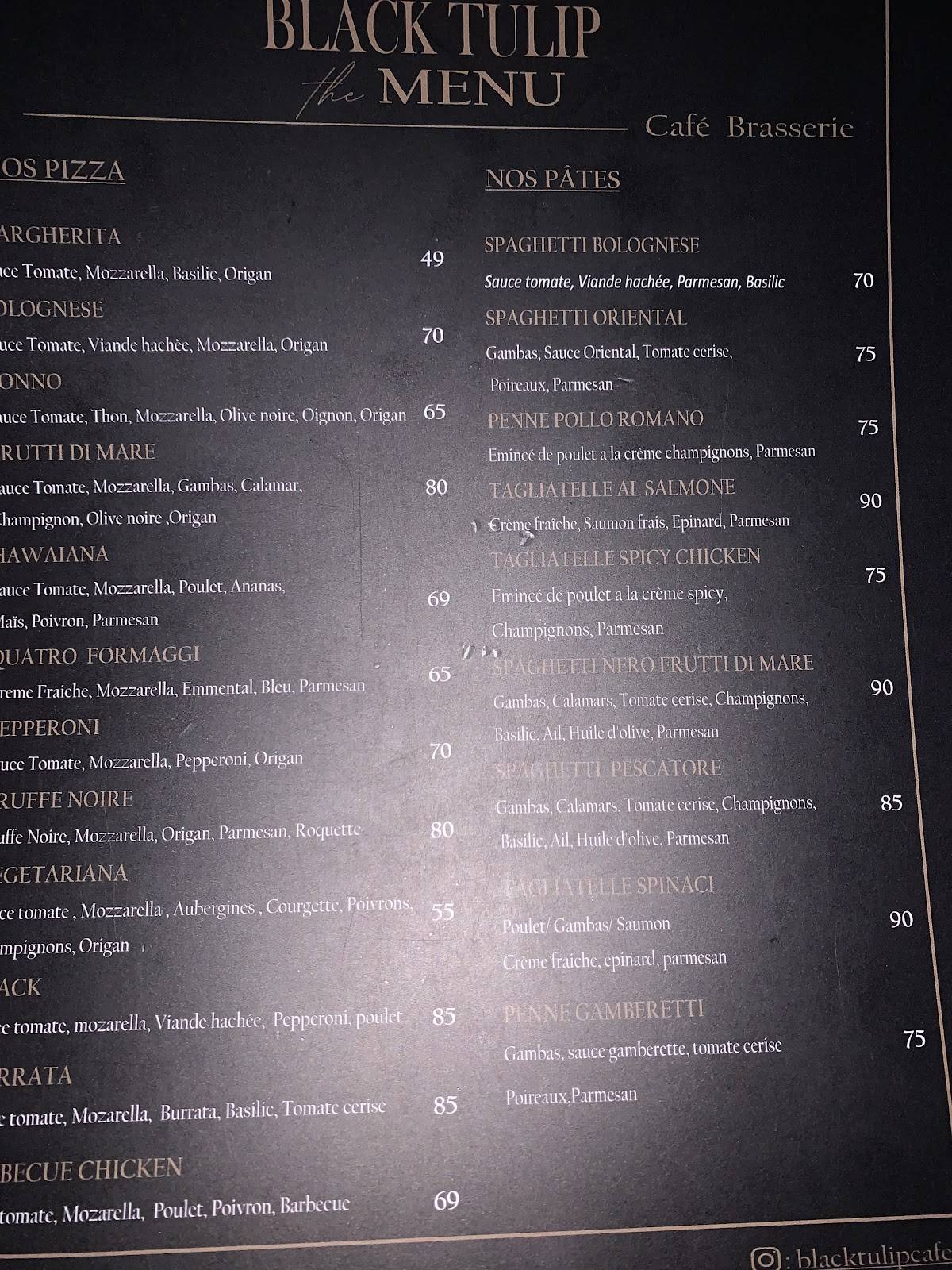 Menu at Black Tulip restaurant, Tangier