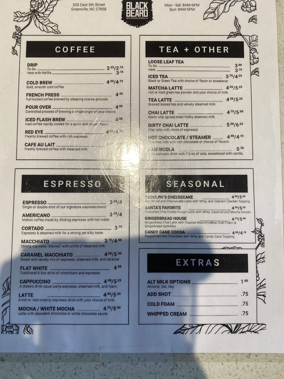 Menu at Blackbeard Coffee Roasters, Greenville