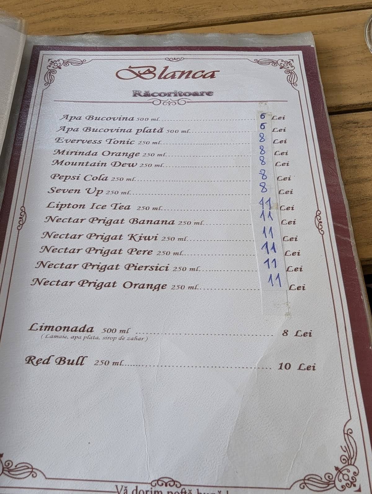 Menu at Restaurant Blanca, Săpânța