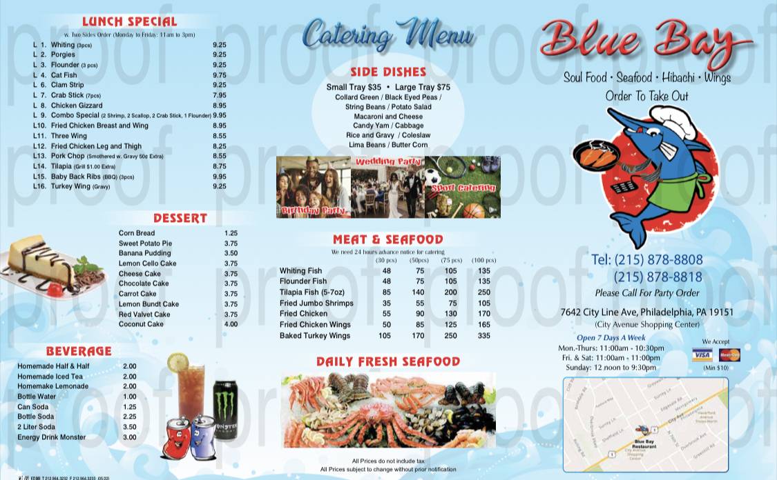 Menu at Blue Bay restaurant, Philadelphia, City Ave