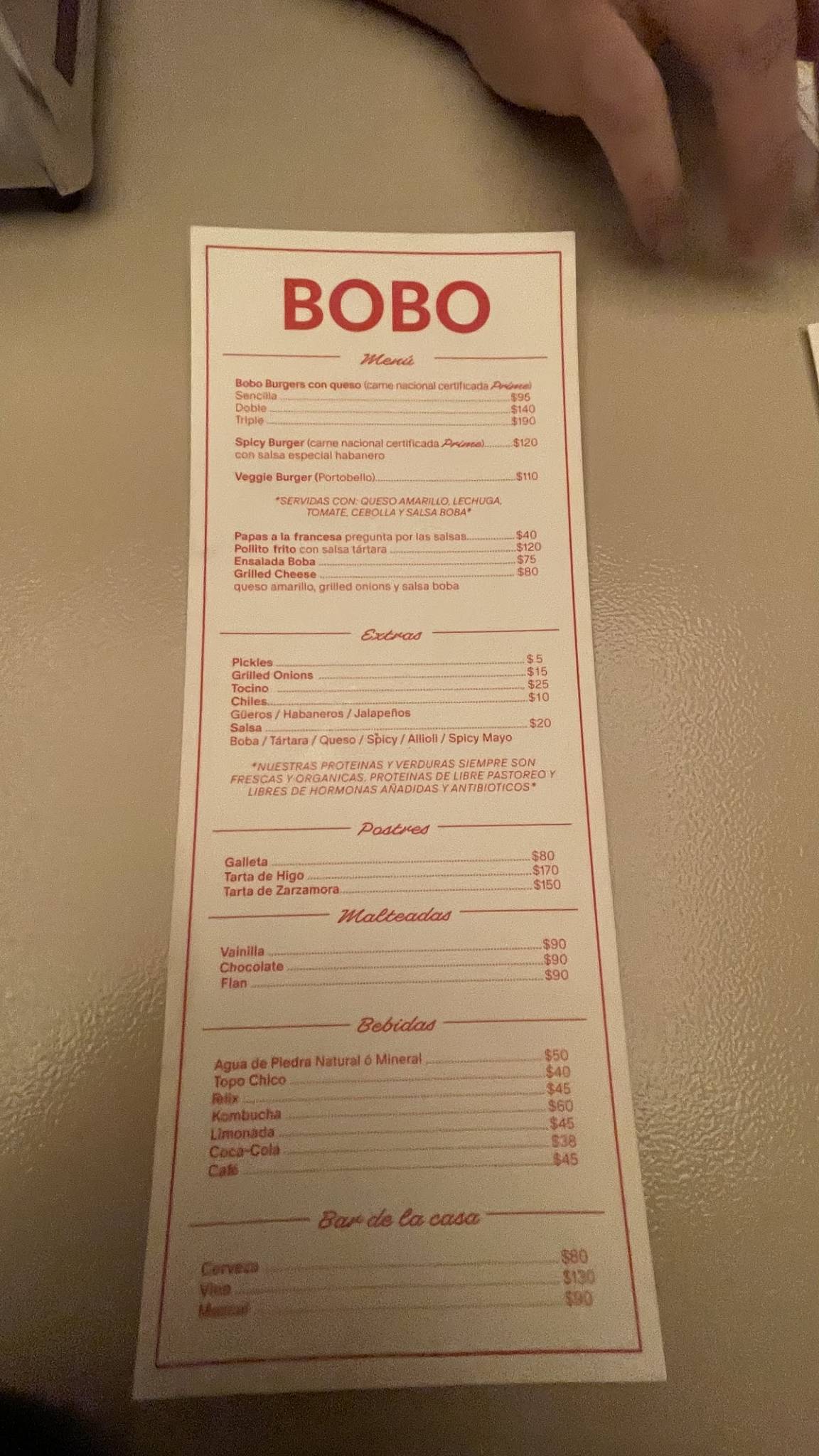 Menu at Bobo Burgers restaurant, Mexico City