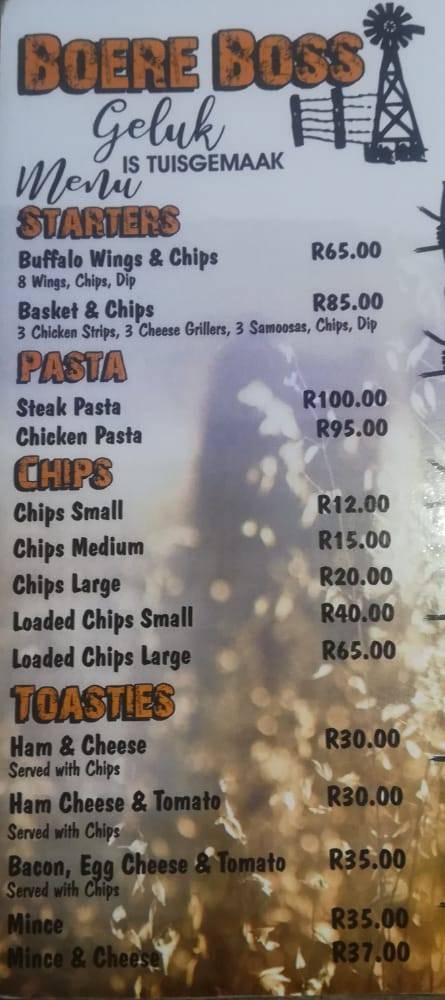 Menu at Boere Boss restaurant, Orkney