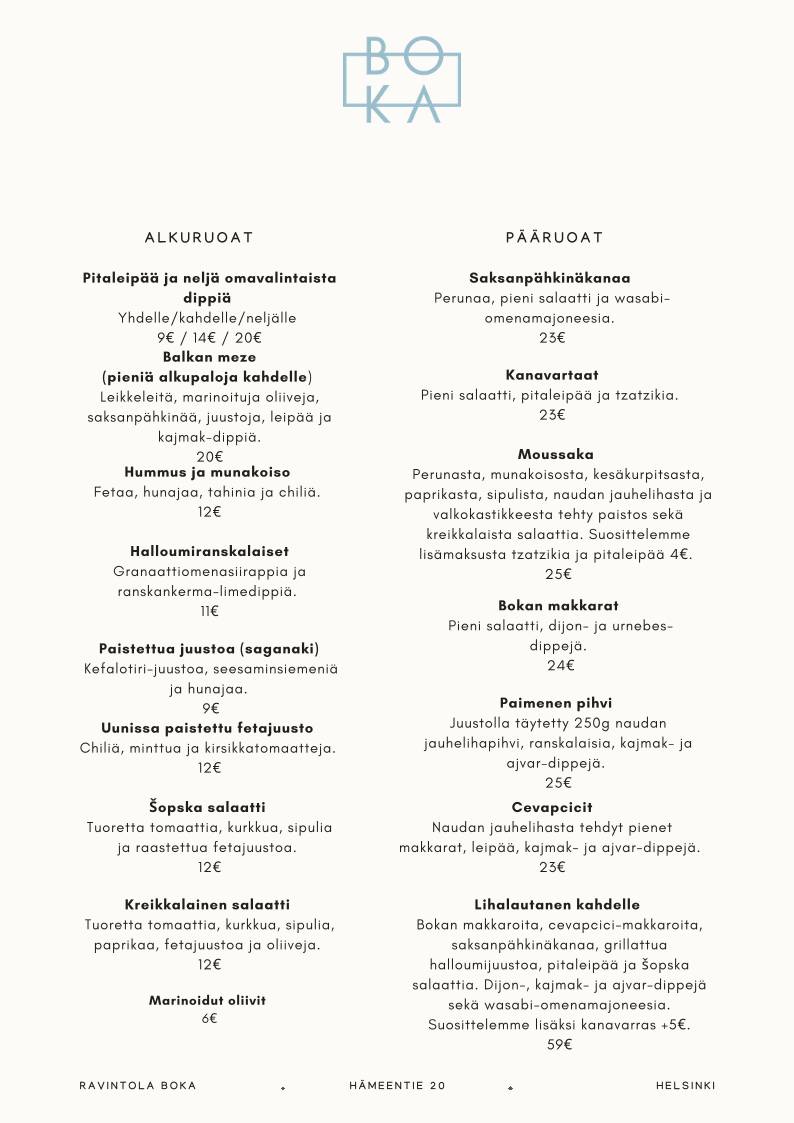 Menu at Restaurant Boka Helsinki, Helsinki