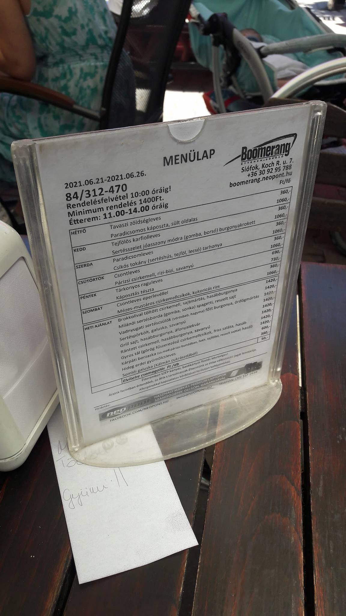 Menu at Boomeráng Étterem, Söröző restaurant, Siófok