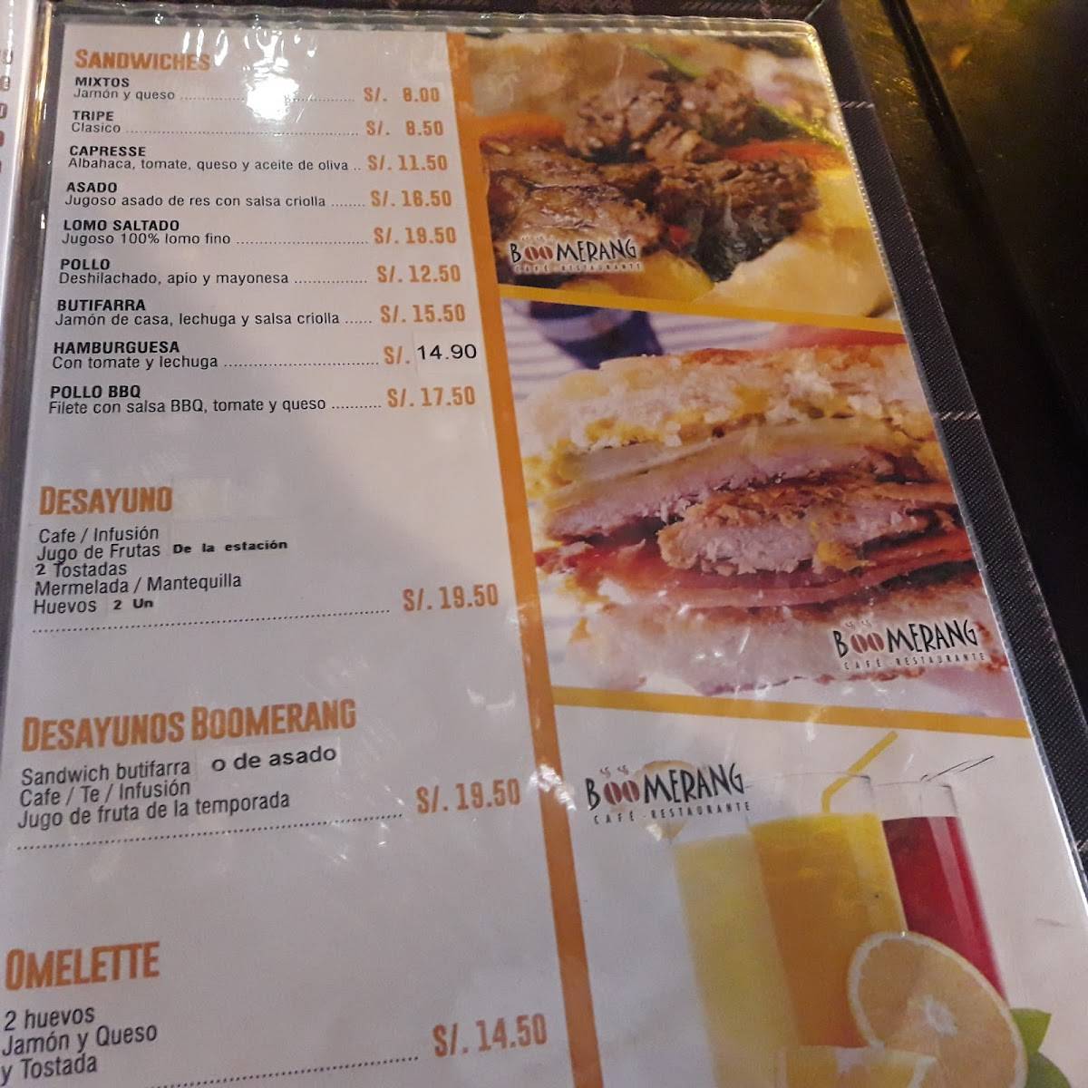Menu at Boomerang Restaurant Cafe, Miraflores