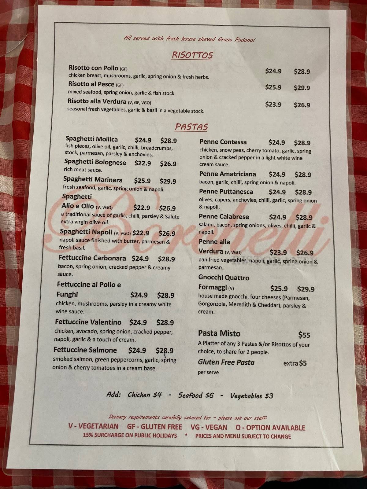 Menu at Borchelli Ristorante restaurant, Bendigo, 105 View St