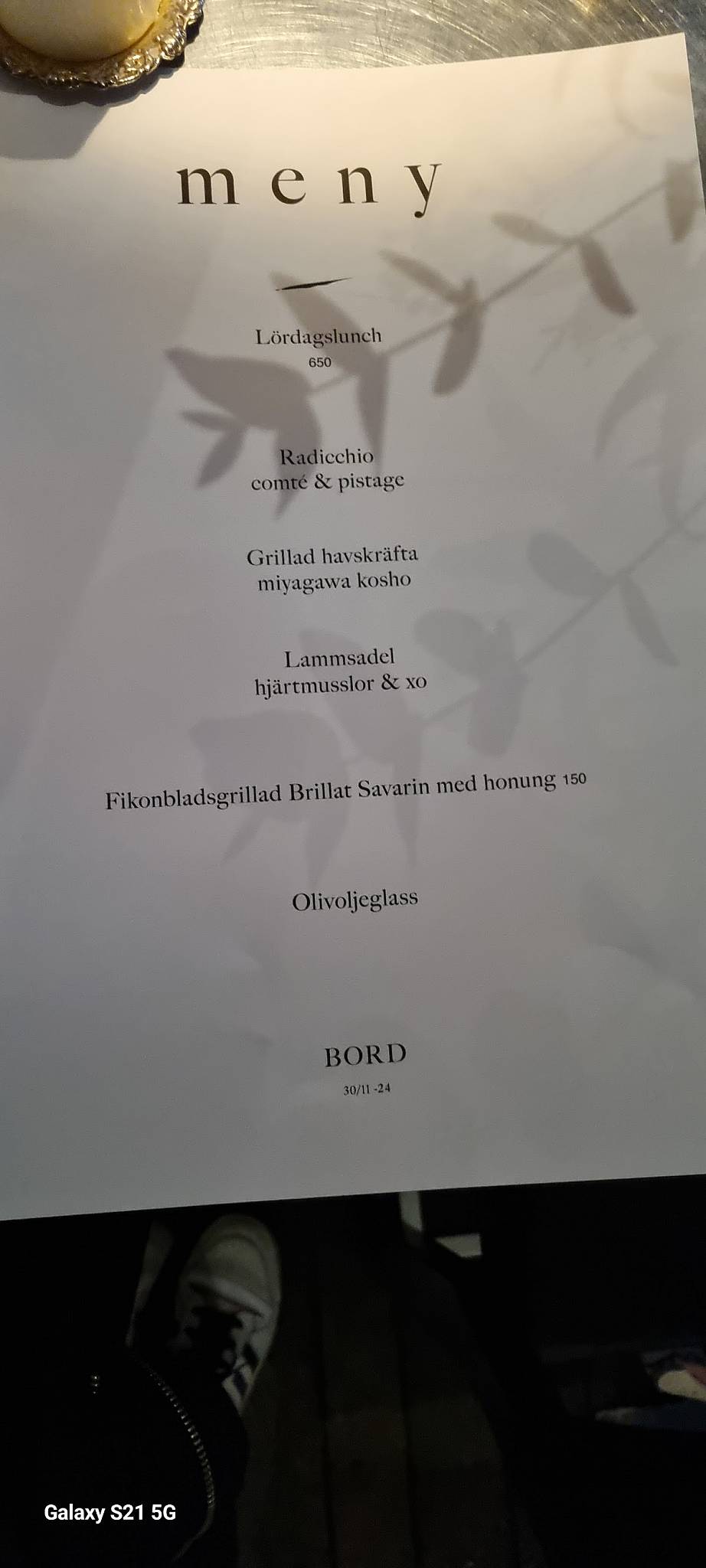 Menu at Bord restaurant, Stockholm