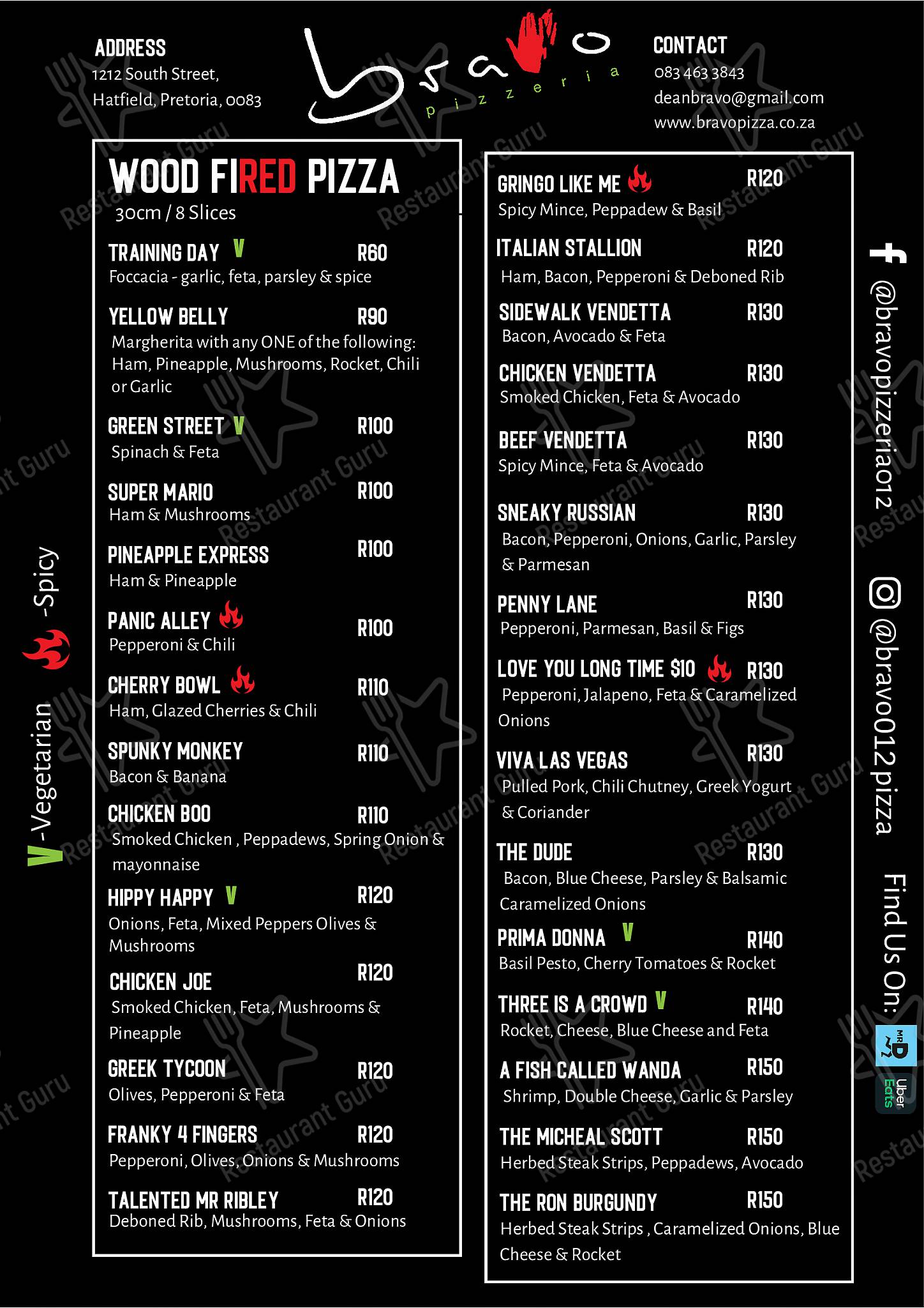 Menu at Bravo Pizzeria Hatfield, Pretoria
