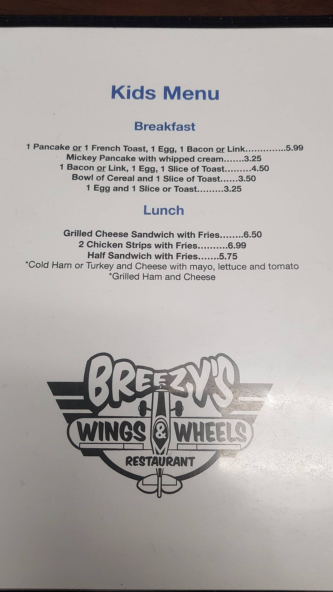 Menu at Breezy’s Wings & Wheels Restaurant, Red Bluff