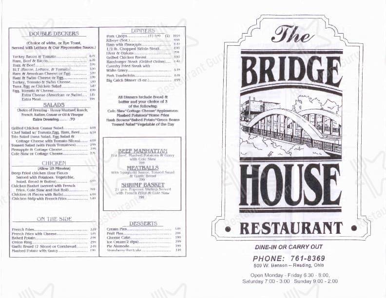 Menu at Bridge House Restaurant, Cincinnati