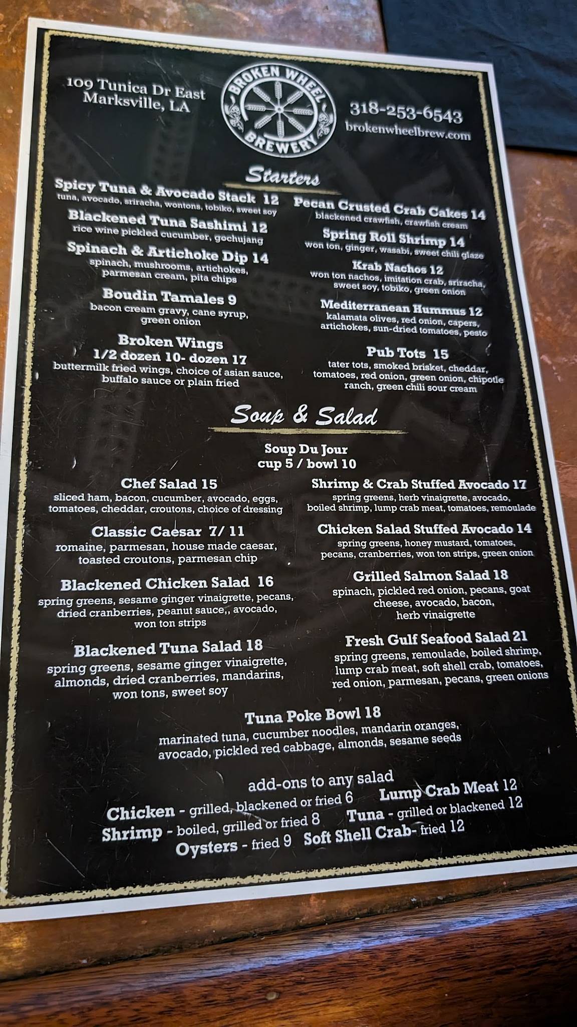Menu at Broken Wheel Brewery & Bistro restaurant, Marksville