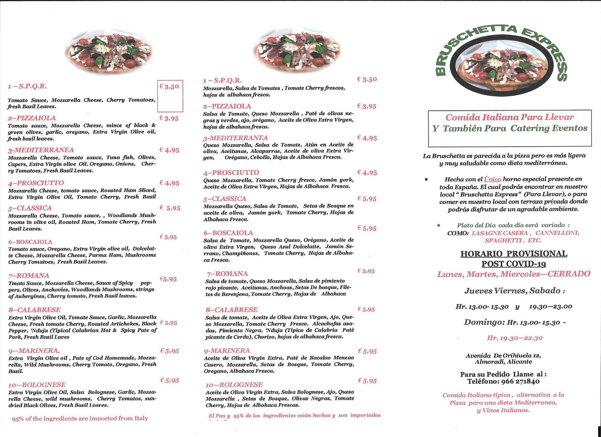 Carta del restaurante Bruschetta Express Italiana, Almoradí