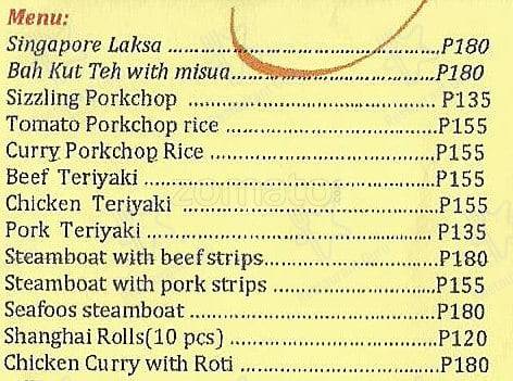 Menu at Bugis Singapore Street Food restaurant, Manila