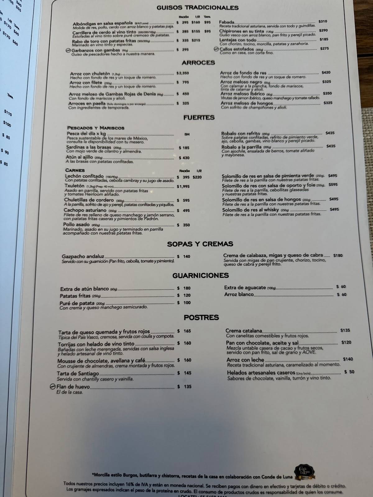 Menu at Bulla Polanco restaurant, Mexico City