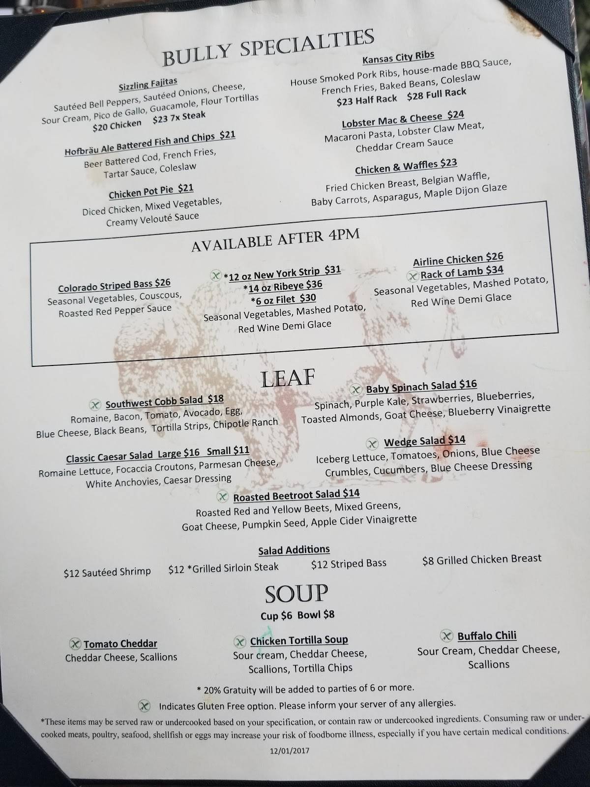Menu at Bully Ranch Restaurant, Vail
