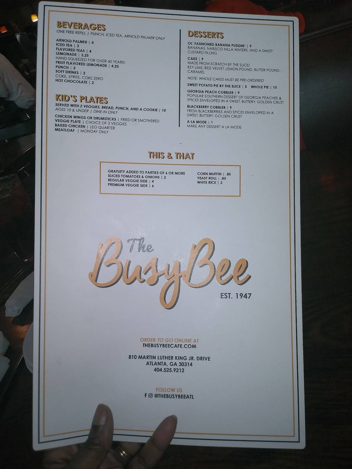 Menu at Busy Bee Cafe, Atlanta