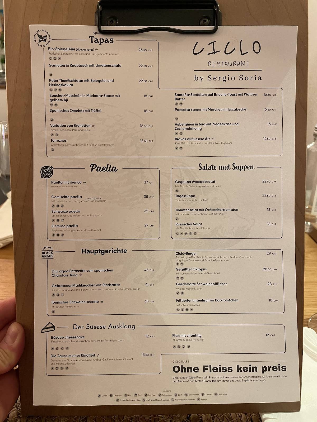 Carta de CICLO RESTAURANT, Biel/Bienne