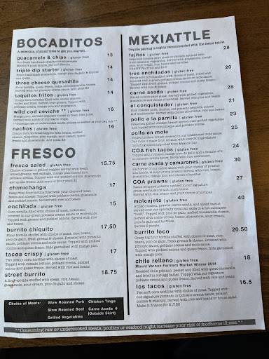 Menu at COA mexican eatery & tequileria restaurant, La Conner