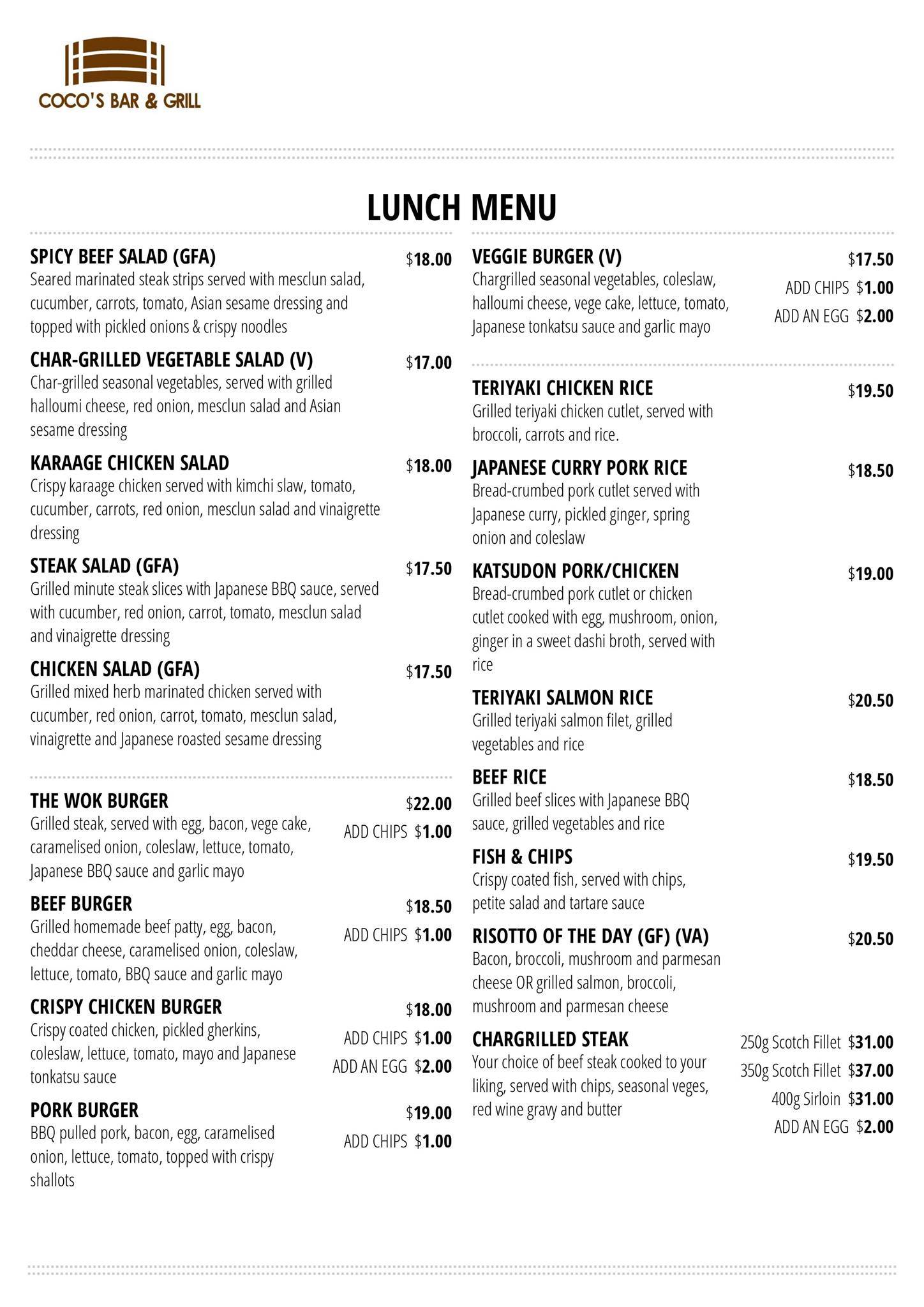 Menu at COCO'S BAR & GRILL, Wellington