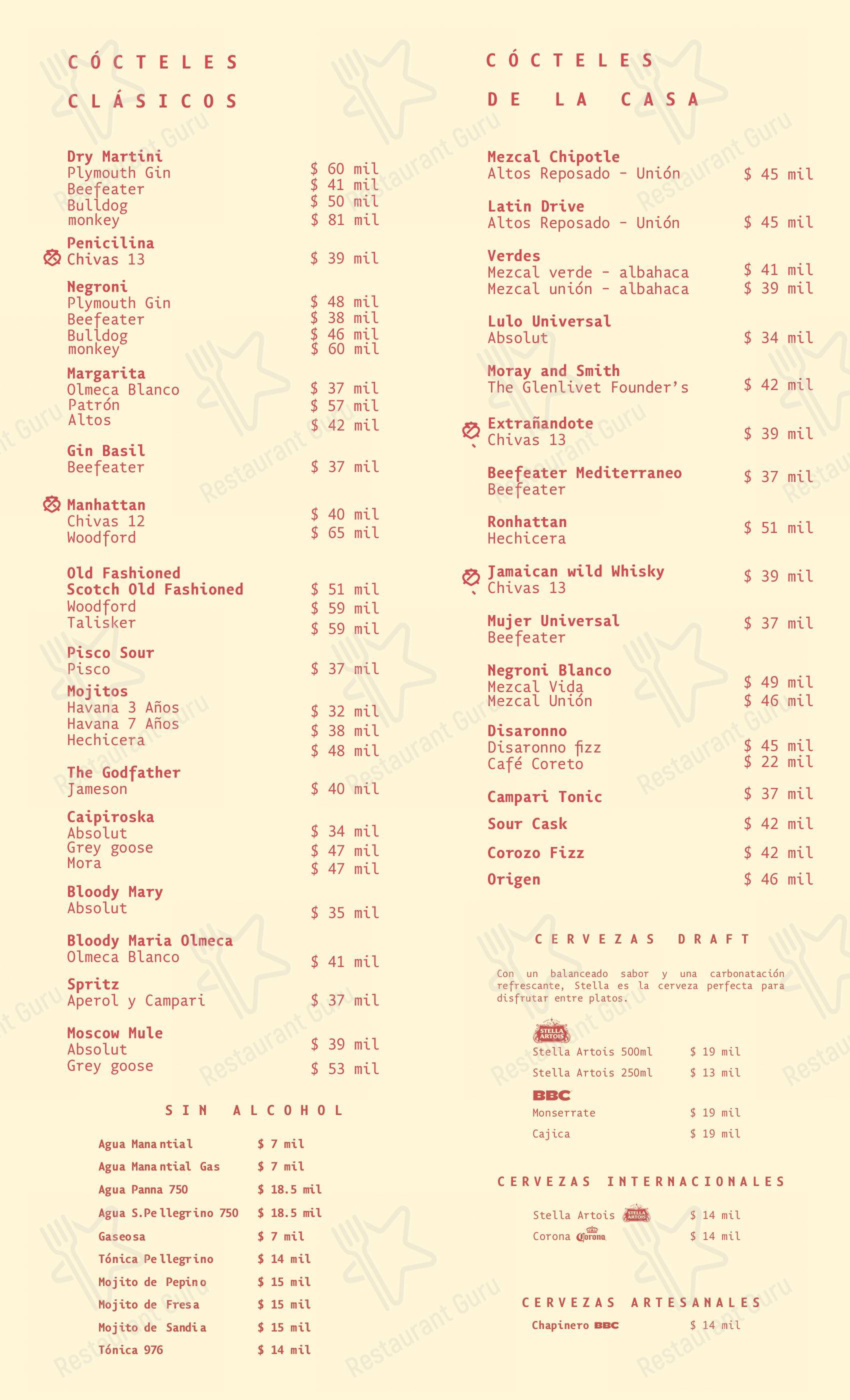 Carta de Café Bar Universal, Bogotá