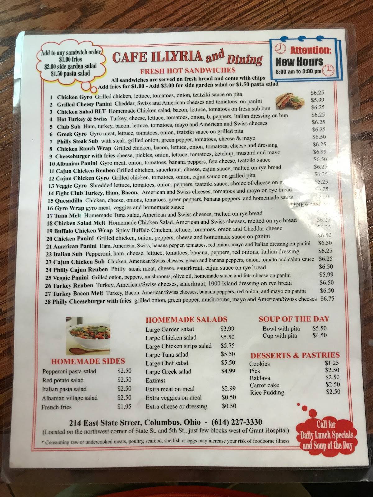 Menu at Cafe Illyria, Columbus