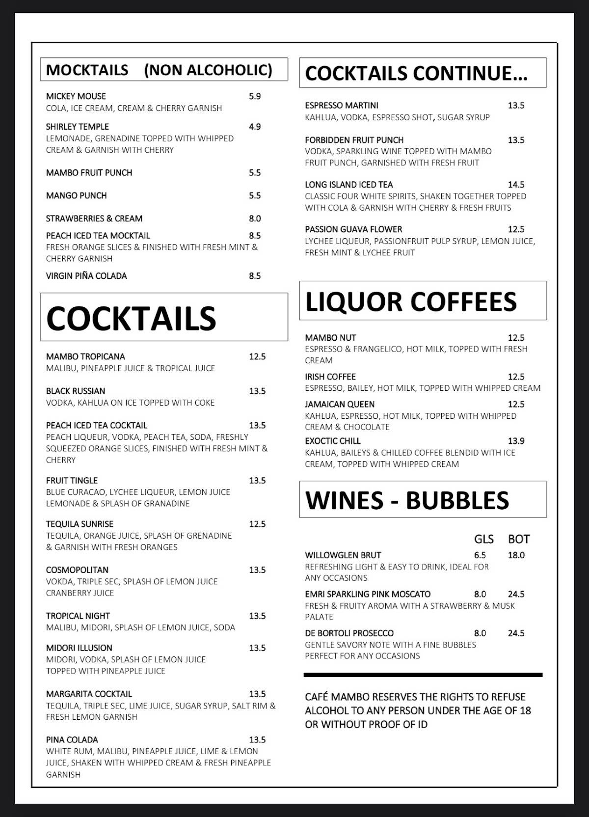 Menu at Cafe Mambo Bar and Lounge, Sunshine