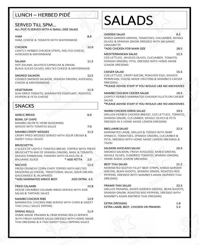 Menu at Cafe Mambo Bar and Lounge, Sunshine