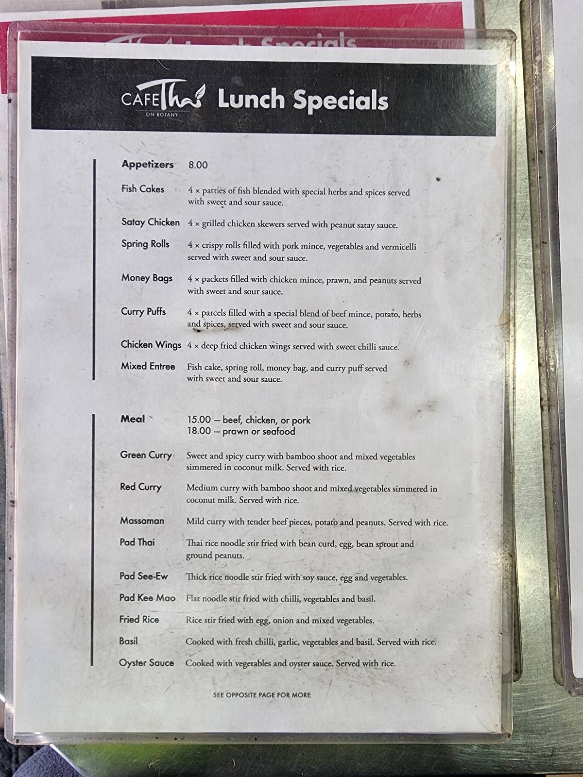 Menu at Cafe Thai On Botany, Botany
