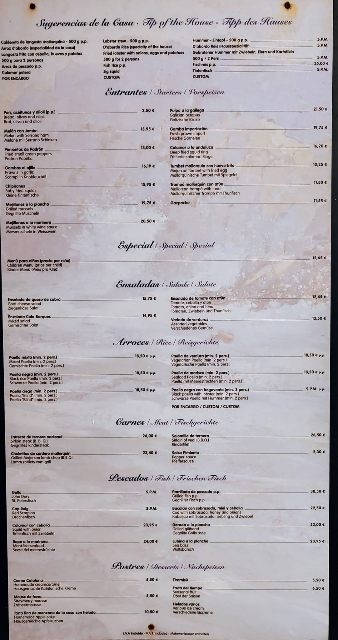 Menu at Restaurant Cala Barques, Cala Sant Vicenç