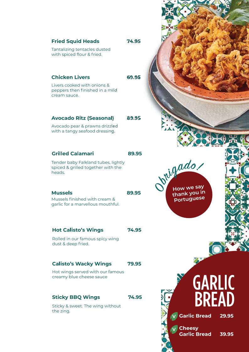 Menu at Calisto's Portuguese Restaurant Rosebank, Johannesburg