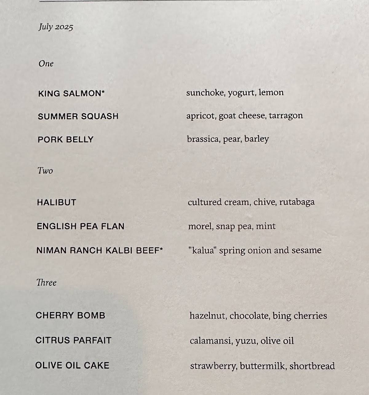 Menu at Canlis restaurant, Seattle