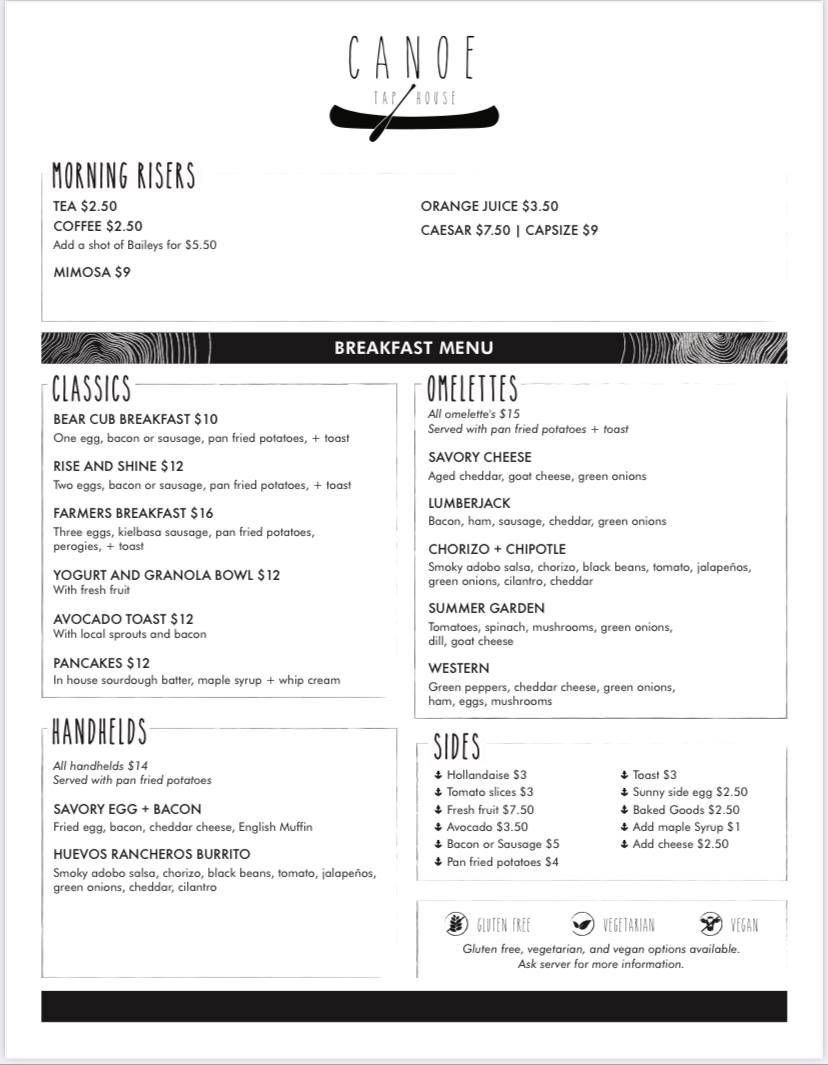Menu at Canoe Taphouse restaurant, Wasagaming