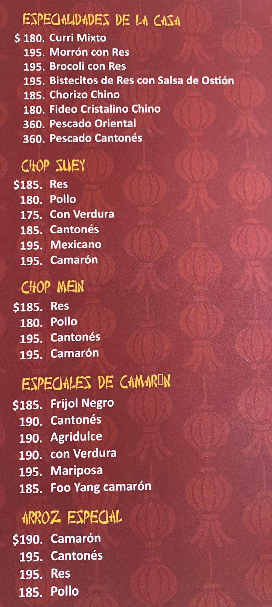 Carta del restaurante El Cantón, Juan Aldama