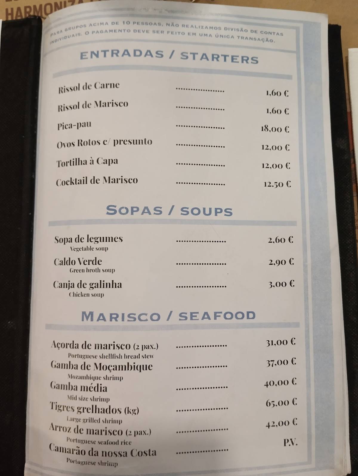 Menu em Capa Negra II restaurante, Porto