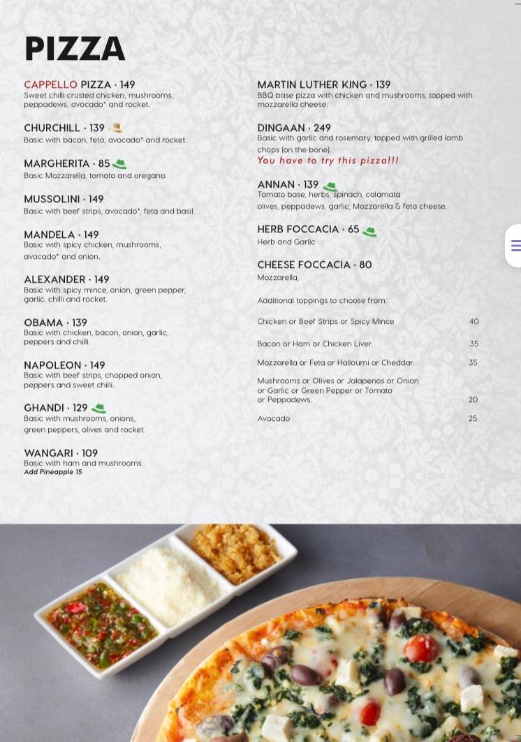 Menu at Cappello Florida Road restaurant, Durban, 206 Florida Rd