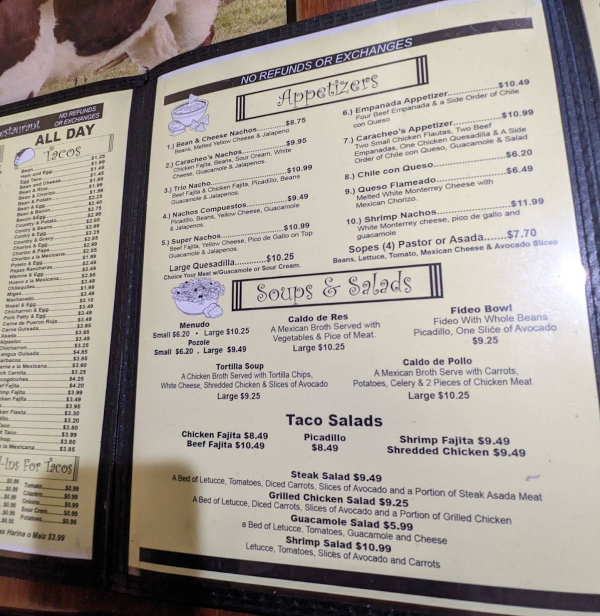 Menu at Caracheo's Mexican Restaurant, San Antonio, MacArthur View