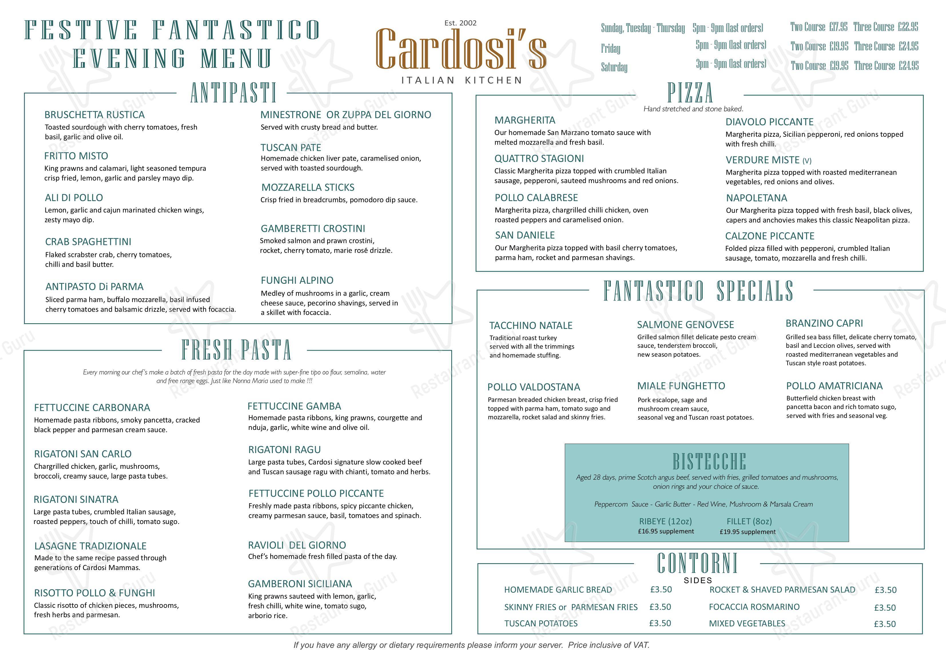 Menu at Cardosi's restaurant, Paisley, 4 Storie St