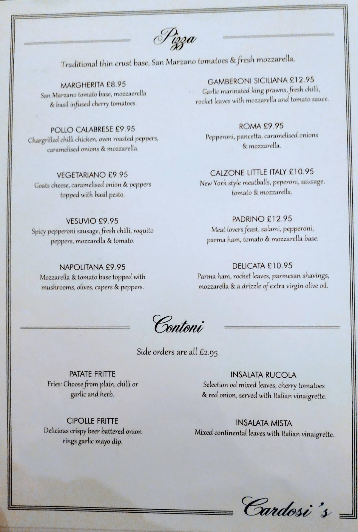 Menu at Cardosi's restaurant, Paisley, 4 Storie St