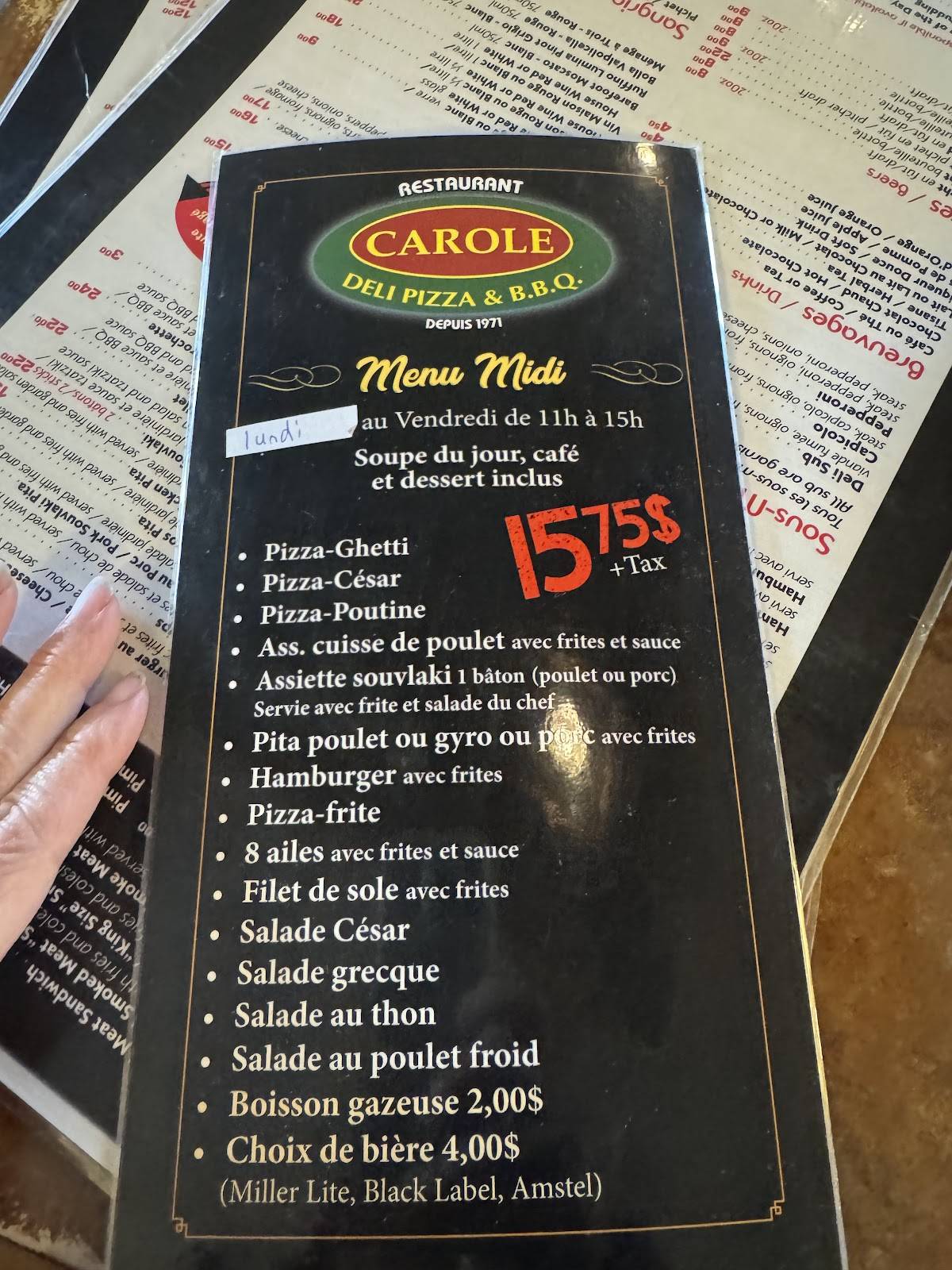 Menu au Carole pizzeria, Lachute