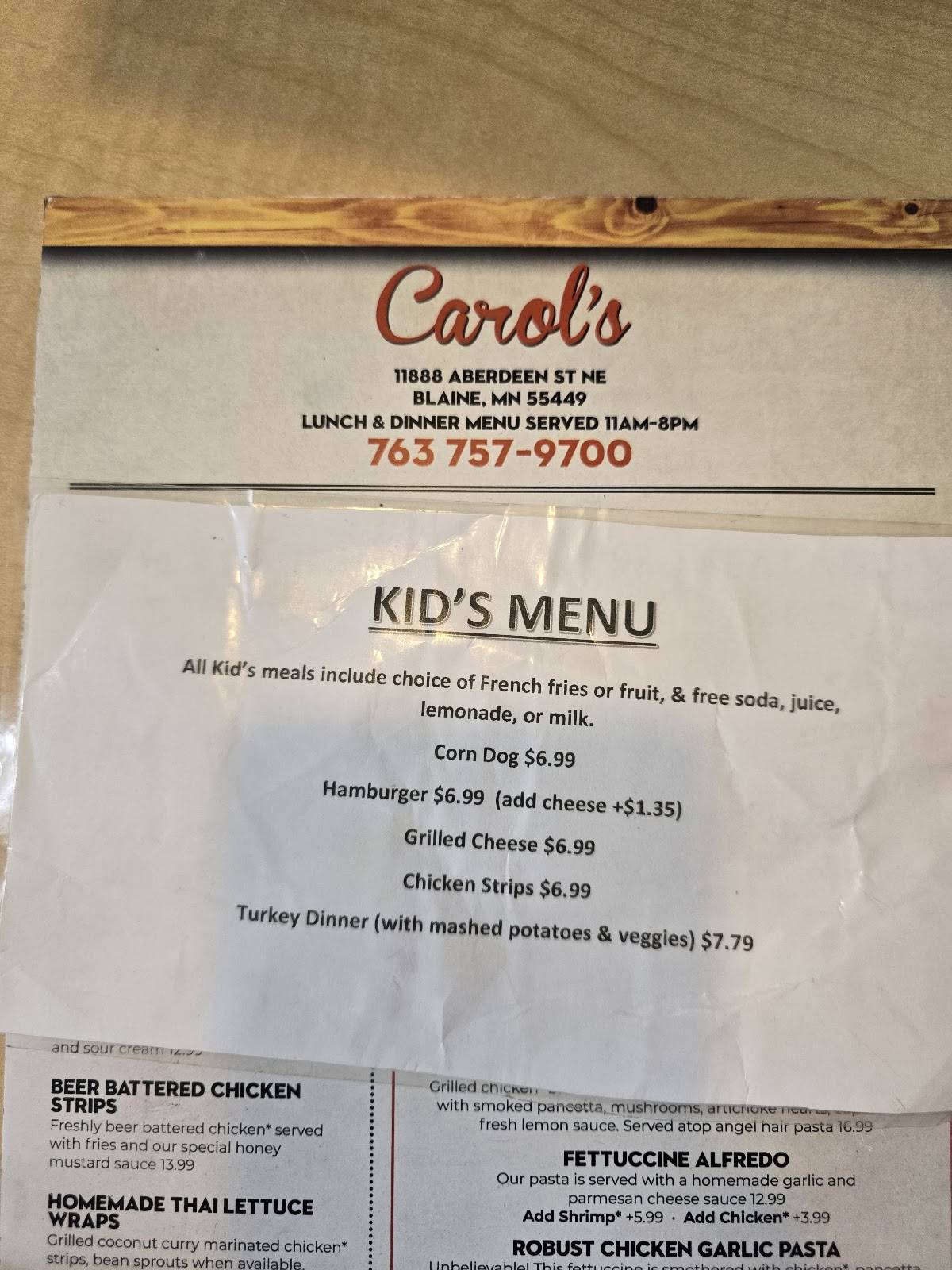 Menu at Carol's restaurant, Blaine, Aberdeen St NE