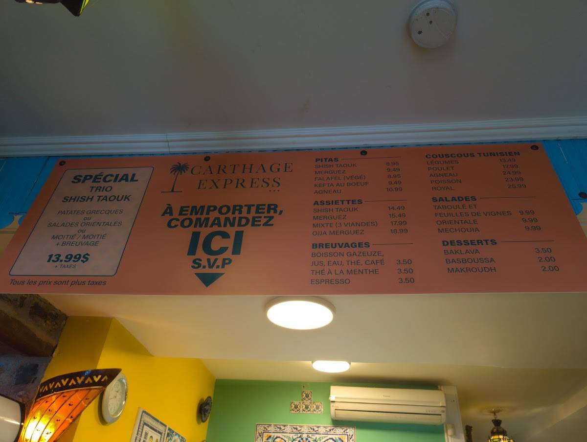 Menu au Carthage Express restaurant, Québec
