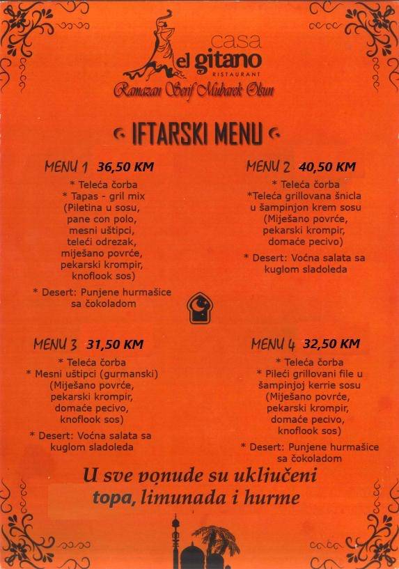 Menu at Casa El Gitano restaurant, Sarajevo