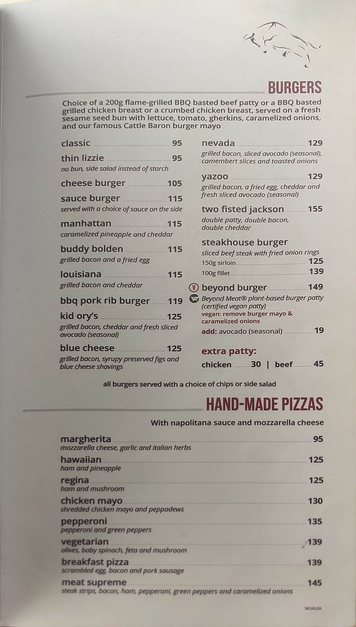 Menu at Cattle Baron @ Skukuza Camp, Skukuza