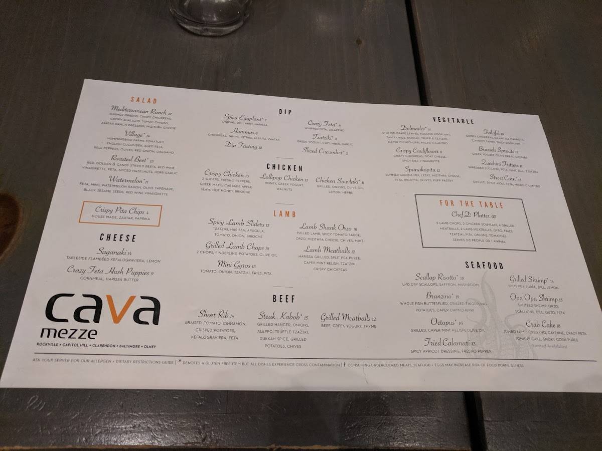 Menu at Cava Mezze - Harbor East Baltimore restaurant, Baltimore, Fleet St