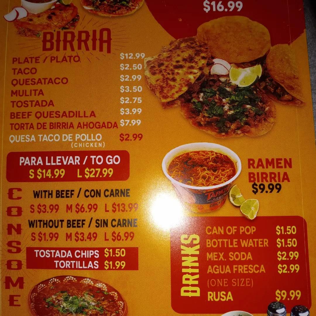 Menu at Chela's Birria Tacos restaurant, Whiting
