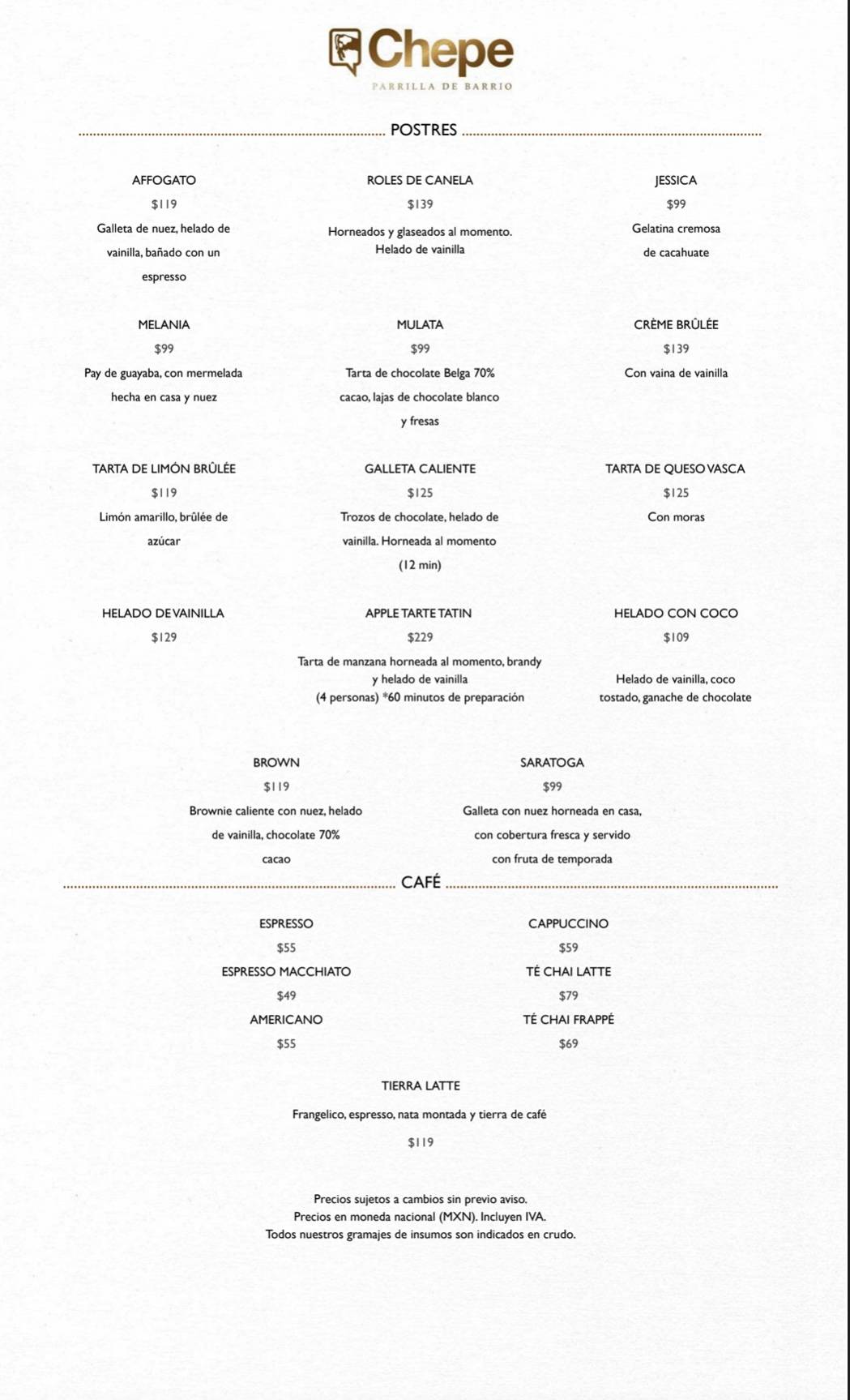 Carta de Chepe Parrilla de Barrio, Colima, Av La Paz 122