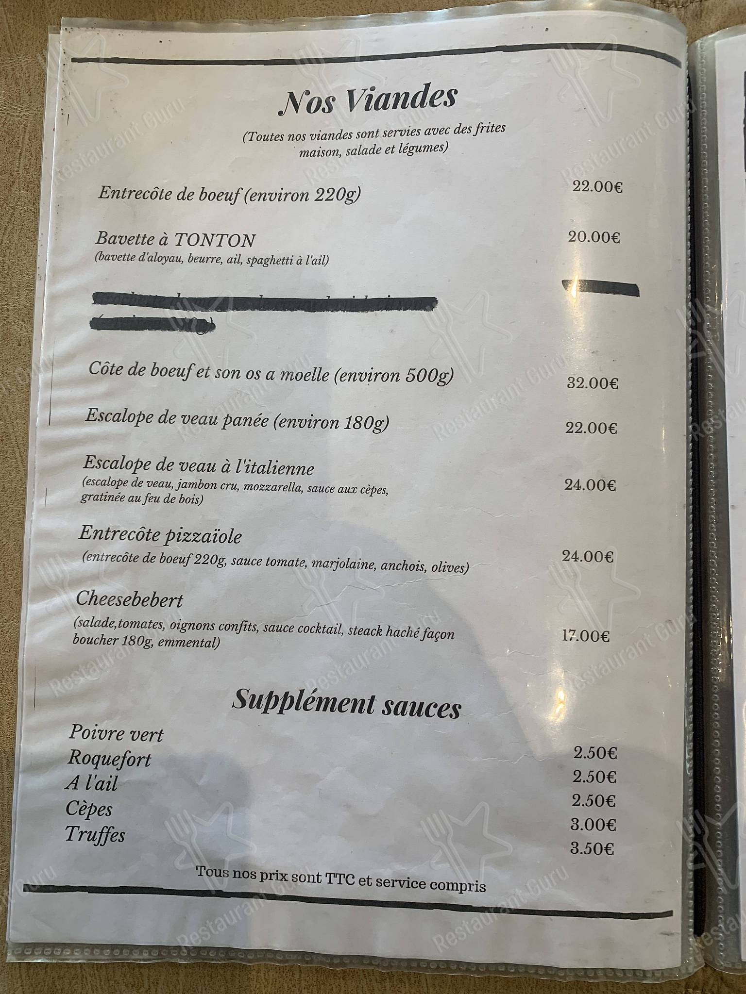 Menu au Chez Bebert restaurant, Cuges-les-Pins, D8N