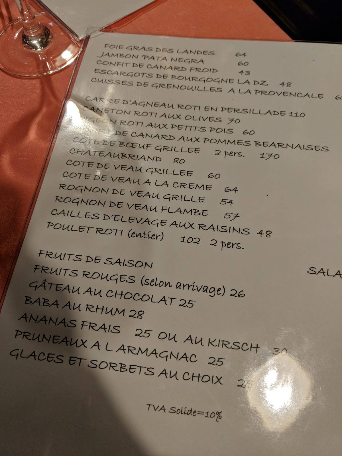 Menu at Chez l'Ami Louis restaurant, Paris, 32 Rue du Vertbois