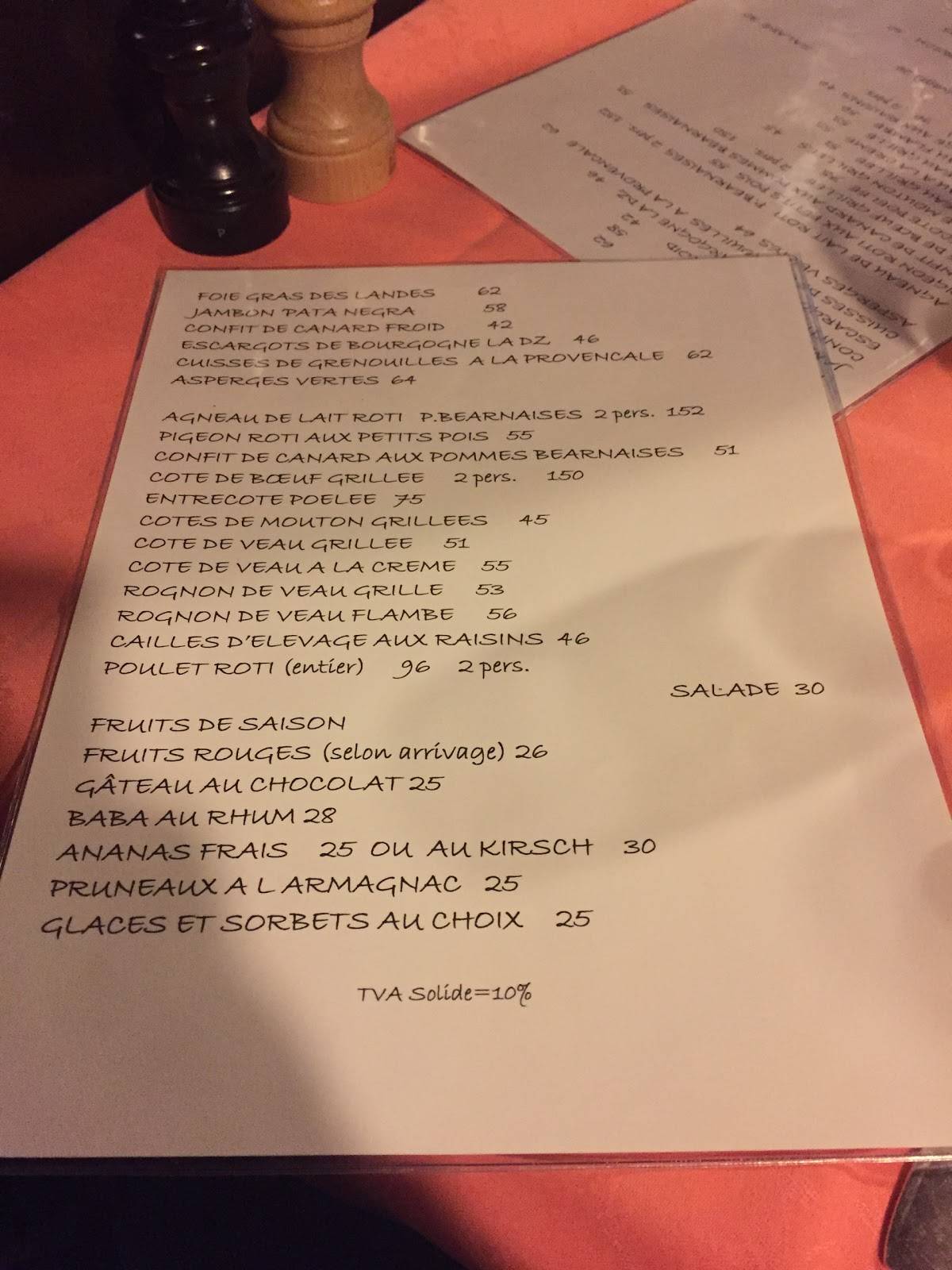 Menu au Chez l'Ami Louis restaurant, Paris, 32 Rue du Vertbois