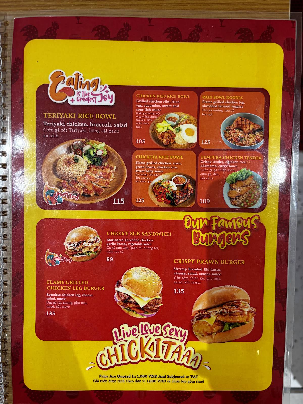 Menu at Chickita Lotte Mall West Lake restaurant, Hanoi